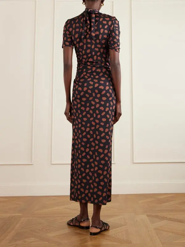 Johanna Ortiz Gathered Printed Jersey Midi Dress - Black