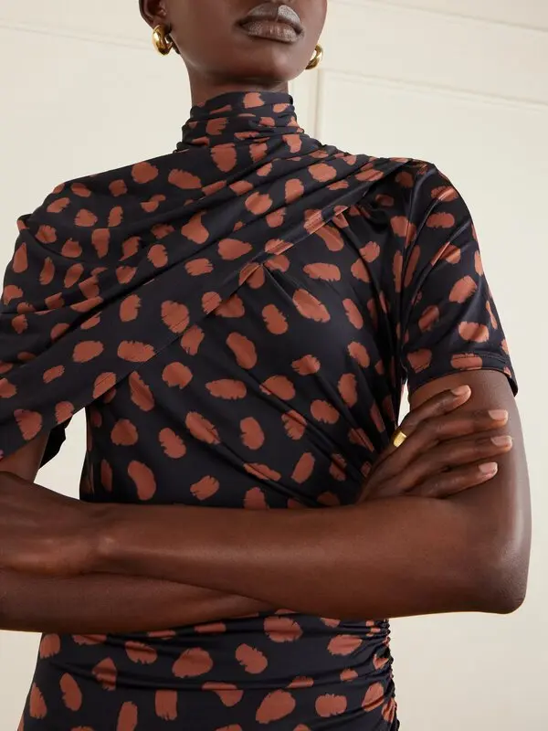 Johanna Ortiz Gathered Printed Jersey Midi Dress - Black