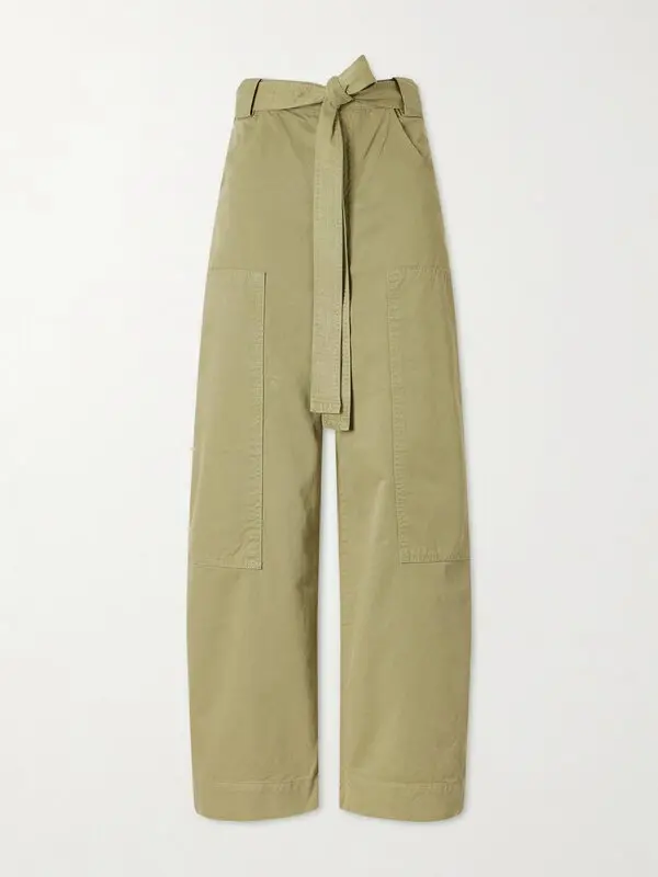 JAMIE HALLER Cropped Belted Cotton-twill Wide-leg Pants - Green