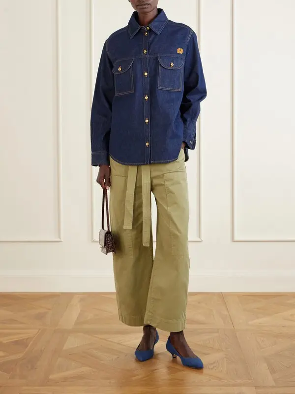 JAMIE HALLER Cropped Belted Cotton-twill Wide-leg Pants - Green
