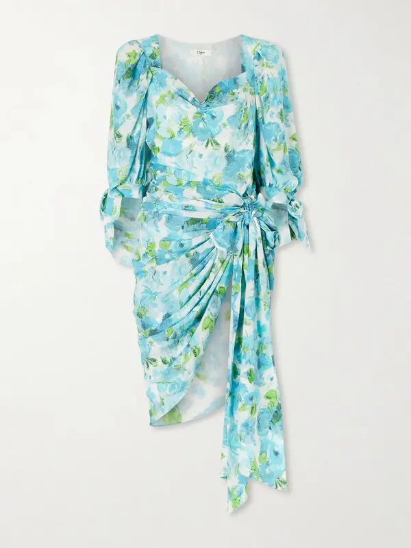 Chloé Draped Floral-print Mini Dress - Blue