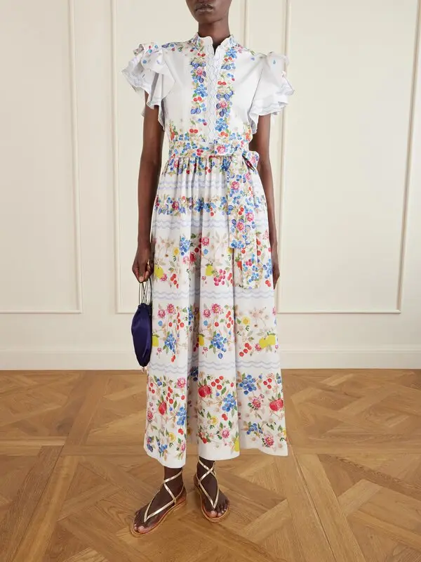 MARY KATRANTZOU Belted Floral-print Cotton-blend Midi Dress