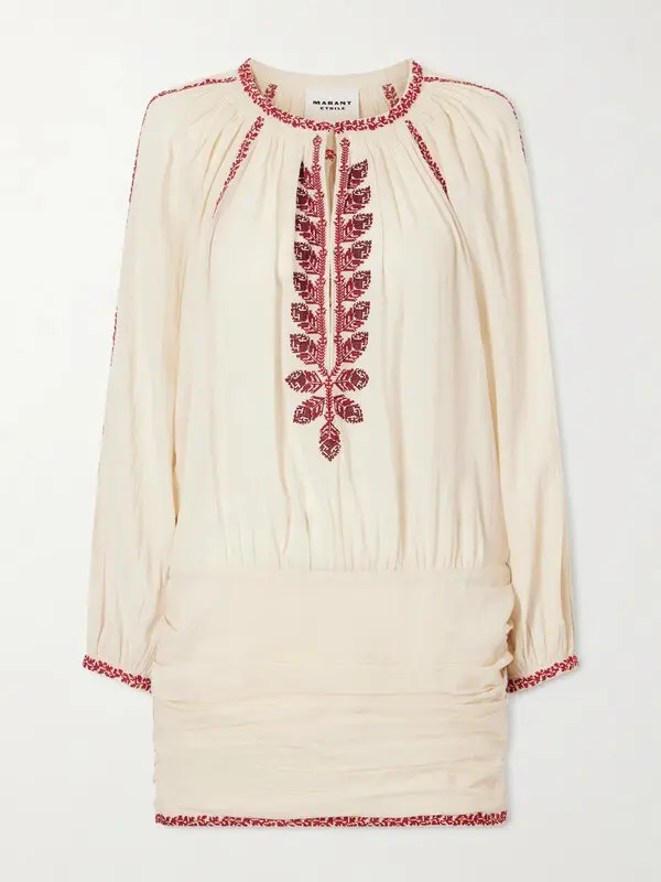 MARANT ETOILE Ludy Floral-embroidered Organic Cotton Mini Dress - Beige