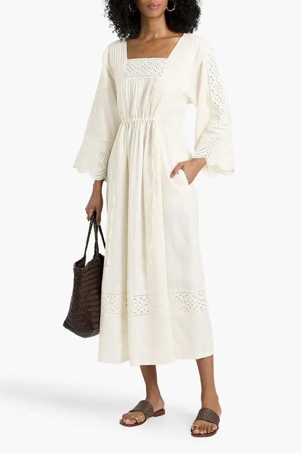 Max Mara Luglio Broderie Anglaise-trimmed Linen Midi Dress - Ecru