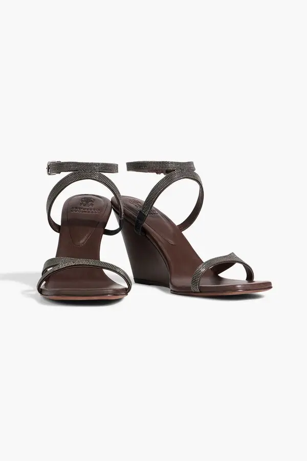 Brunello Cucinelli Leather Bead-embellished Wedge Sandals