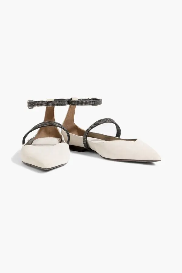 Brunello Cucinelli Bead-embellished Suede Point-toe Flats