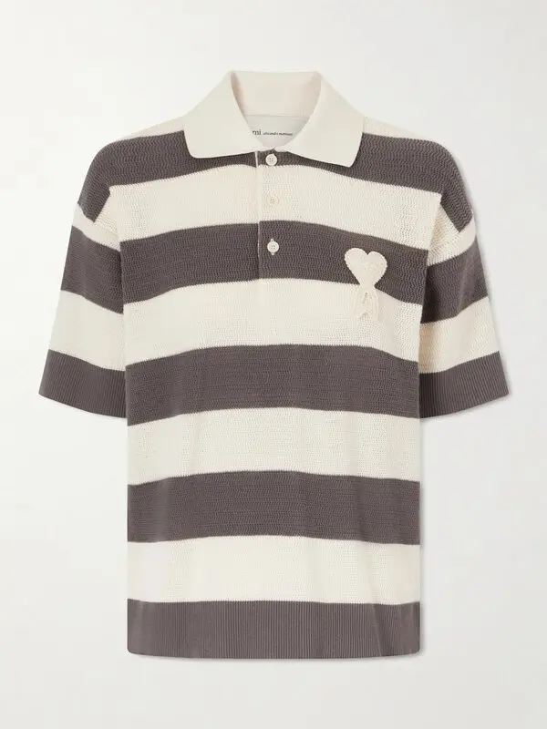 AMI Paris Embroidered Striped Cotton Polo Shirt - Neutrals