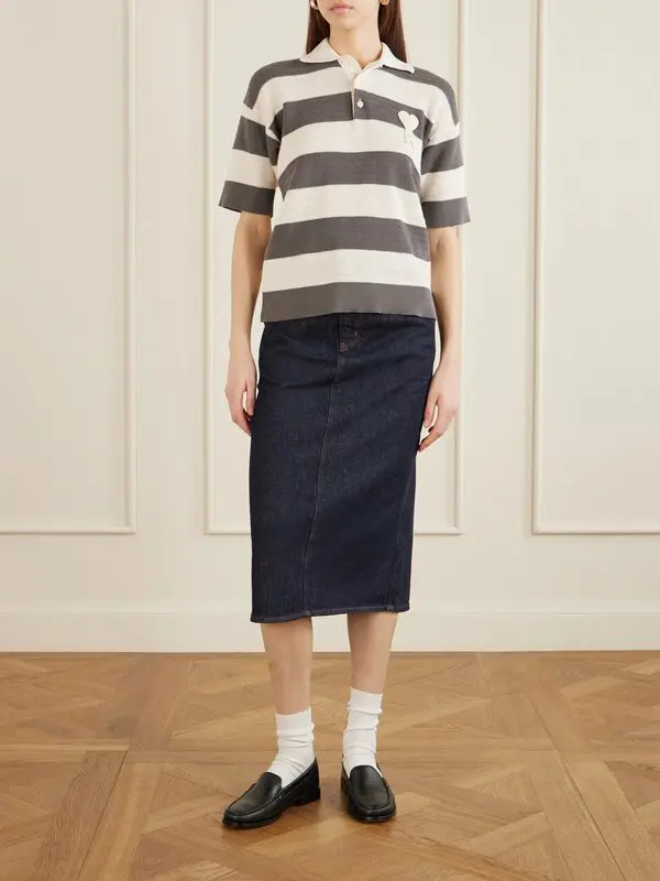 AMI Paris Embroidered Striped Cotton Polo Shirt - Neutrals