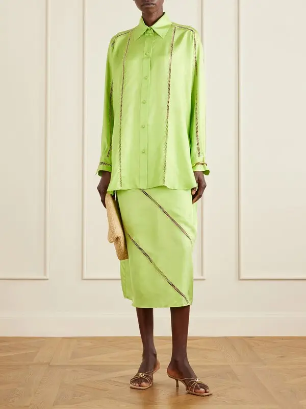 DIOTIMA Tobago Embroidered Silk-satin Midi Skirt - Green