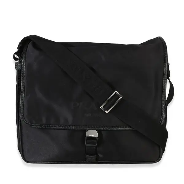 Prada Nylon Saffiano Logo Buckle Messenger Bag - Black