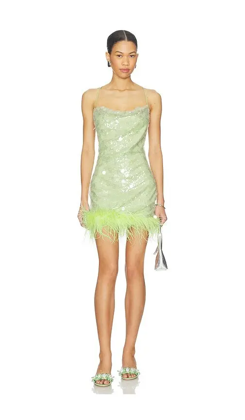 Delfi Sequin Embellished Feather Trim Mini Dress