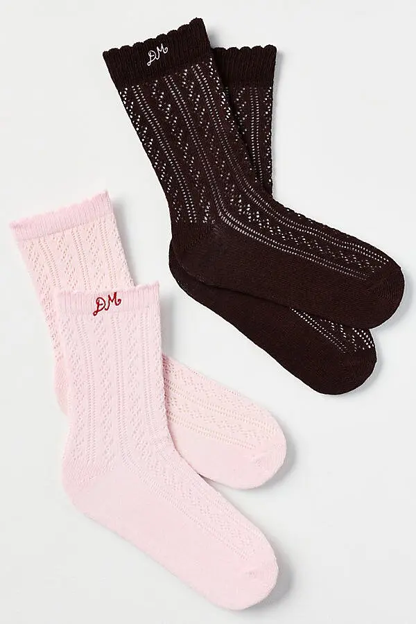 DAMSON MADDER Pointelle Crew Socks - Chocolate/purple