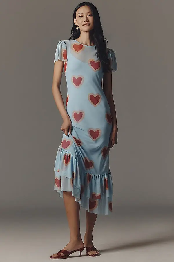NEVER FULLY DRESSED Heart Print Mesh Midi Dress - Blue Pattern