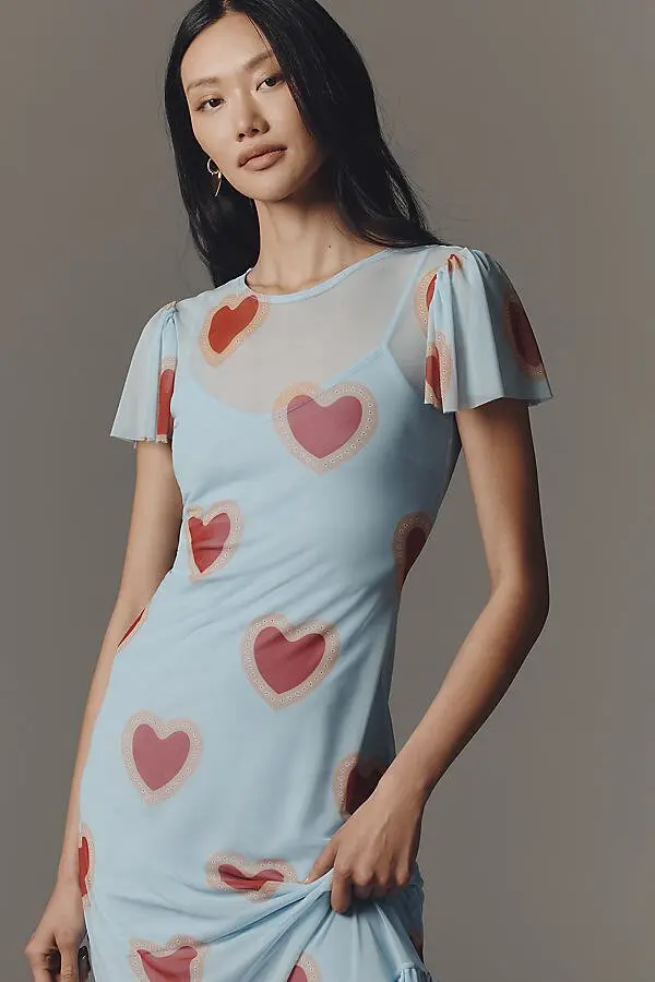 NEVER FULLY DRESSED Heart Print Mesh Midi Dress - Blue Pattern