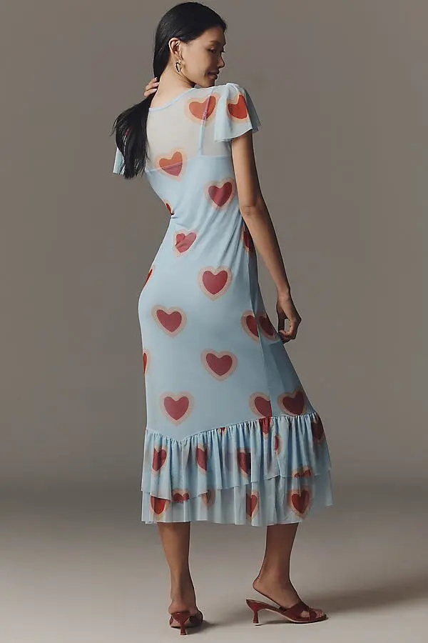 NEVER FULLY DRESSED Heart Print Mesh Midi Dress - Blue Pattern