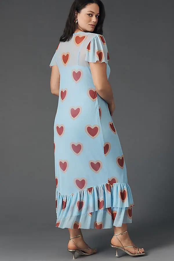 NEVER FULLY DRESSED Heart Print Mesh Midi Dress - Blue Pattern