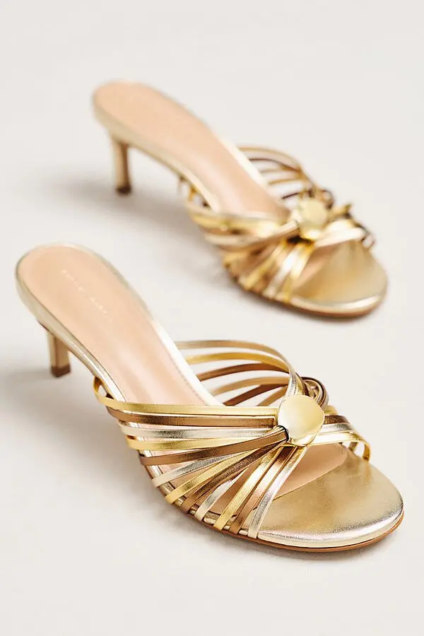 Anthropologie Strappy Metallic Kitten Heel Sandals - Gold Leather