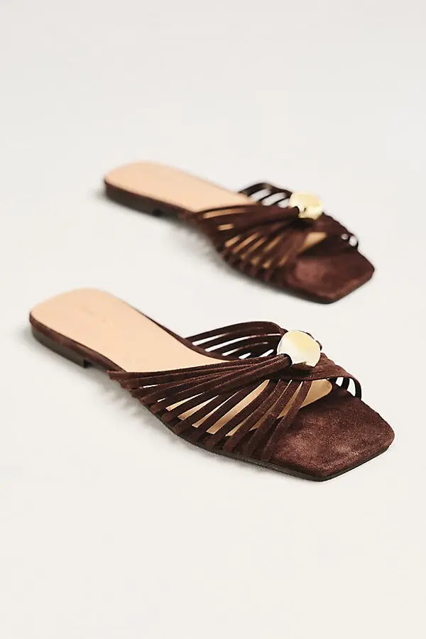 Anthropologie Strappy Square-toe Slide Sandals - Brown Suede