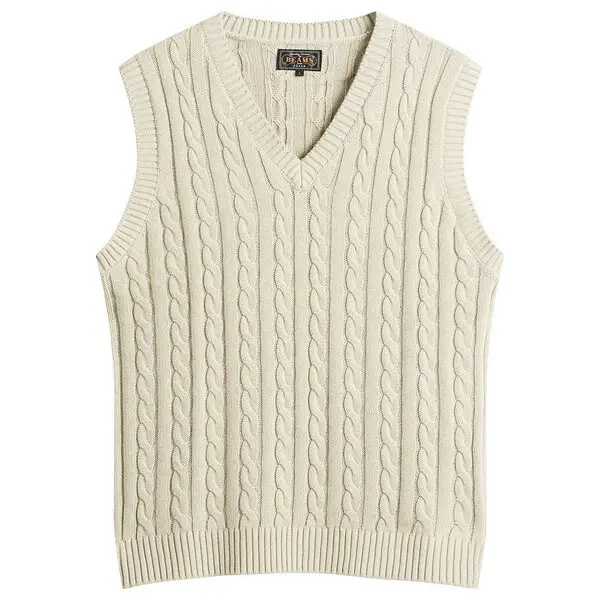 BEAMS Cable Knit V-neck Vest - Grey
