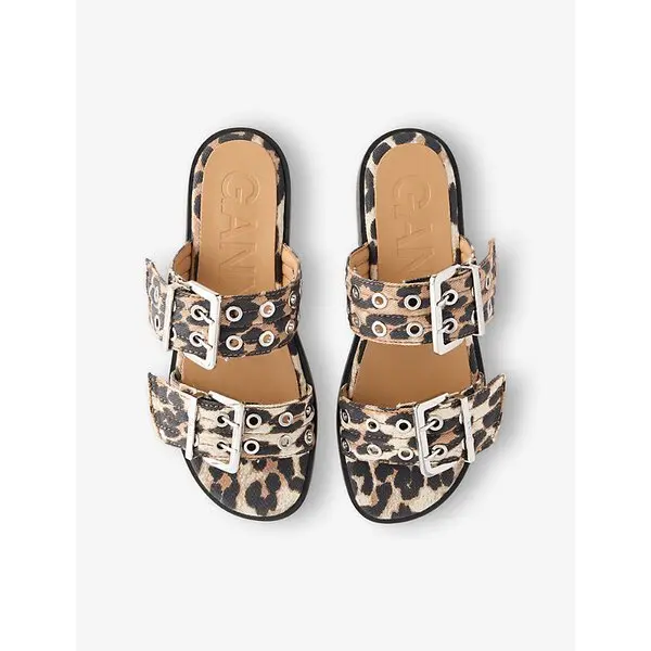 GANNI Leopard Print Denim Sandals