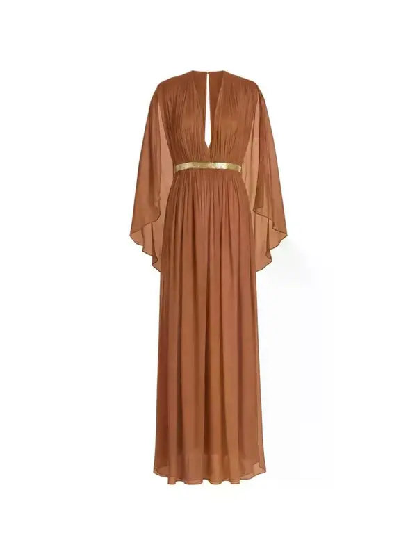 Alberta Ferretti Pleated V-neck Maxi Dress - Brown