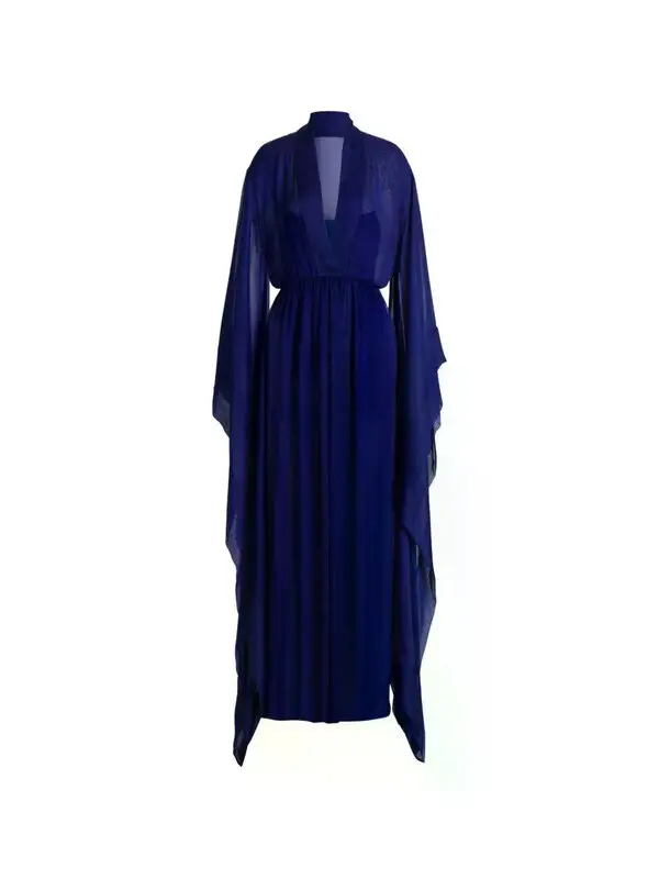 Alberta Ferretti Flowing Sleeves Silk Maxi Dress With V-neck And Front Slit - Blue