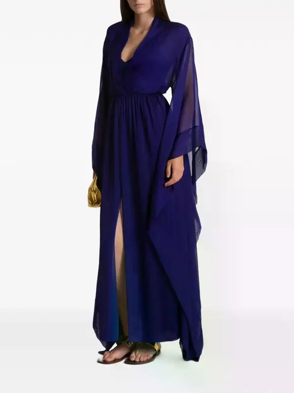 Alberta Ferretti Flowing Sleeves Silk Maxi Dress With V-neck And Front Slit - Blue