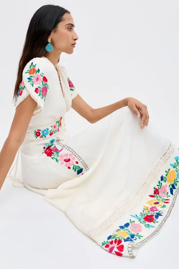 Rixo Novara Embroidered Dress - Cream