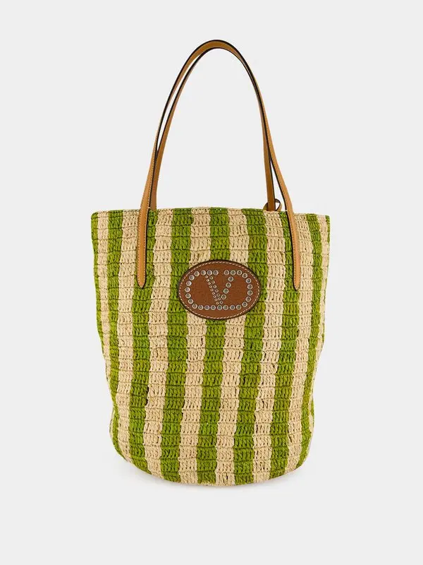 Valentino Garavani Natural And Striped Raffia Shopping Bag - Green