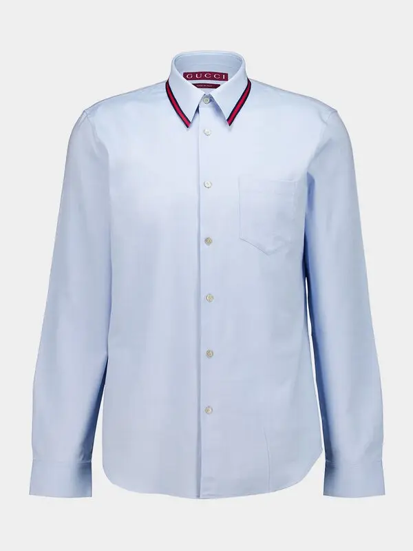 Gucci Pale Oxford Cotton Shirt With Web Collar - Blue