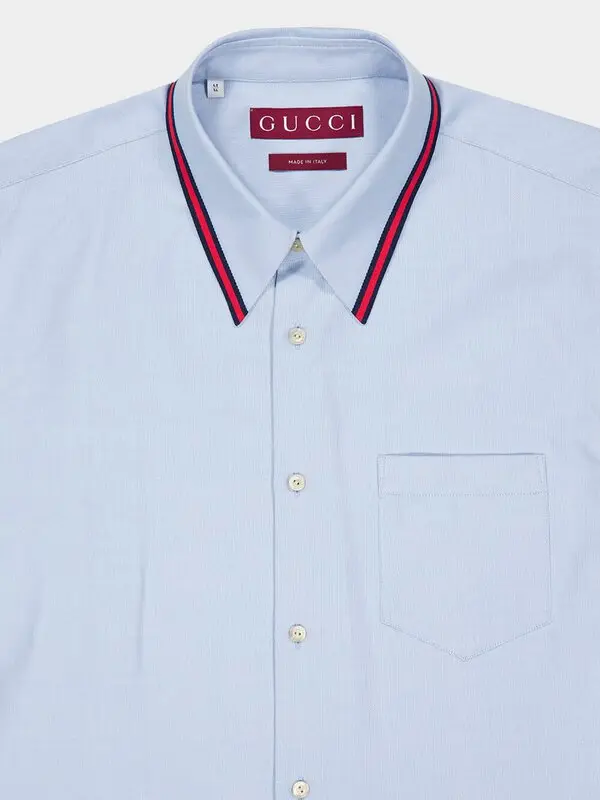 Gucci Pale Oxford Cotton Shirt With Web Collar - Blue