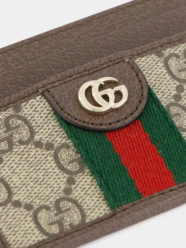 Gucci Beige Gg Canvas Card Holder With Web Stripe - Multicolour