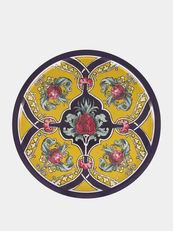La DoubleJ Riviera Giallo Printed Round Wooden Tray Large - Multicolour