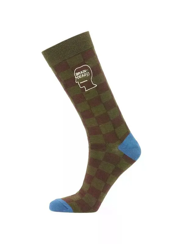 BRAIN DEAD Logohead Checkered Socks - Green