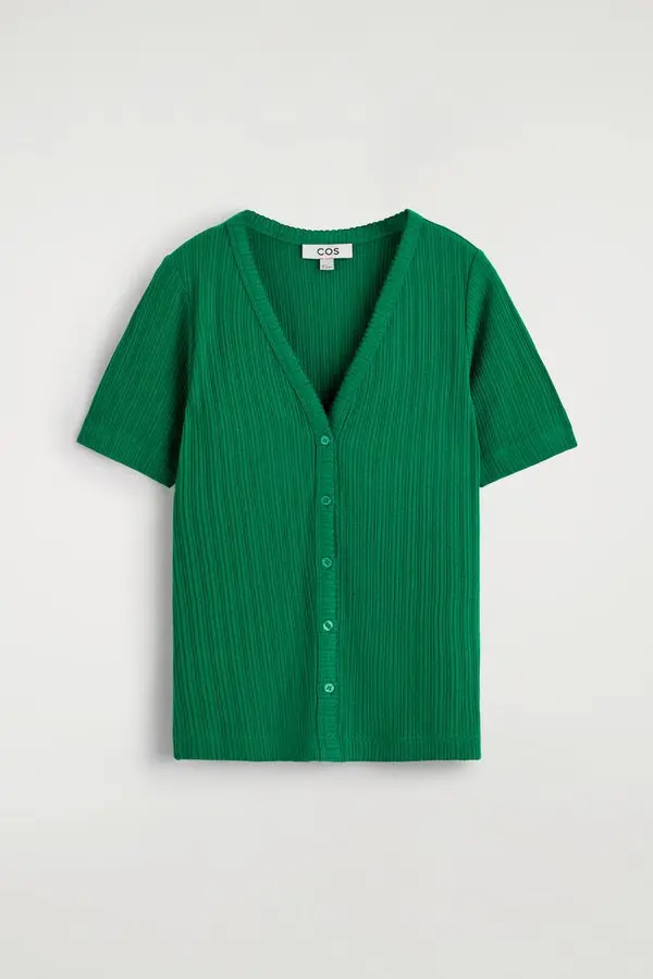 Cos Pointelle-knit Short-sleeved Cardigan - Green