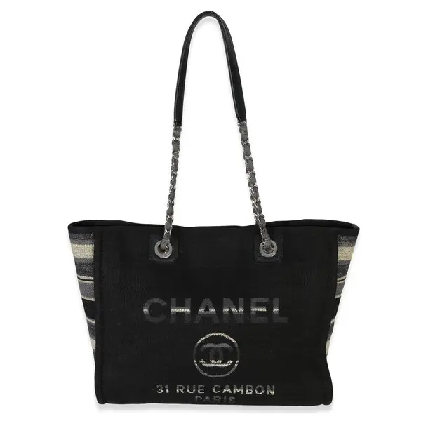 Chanel Canvas Striped Deauville Shopping Tote - Black