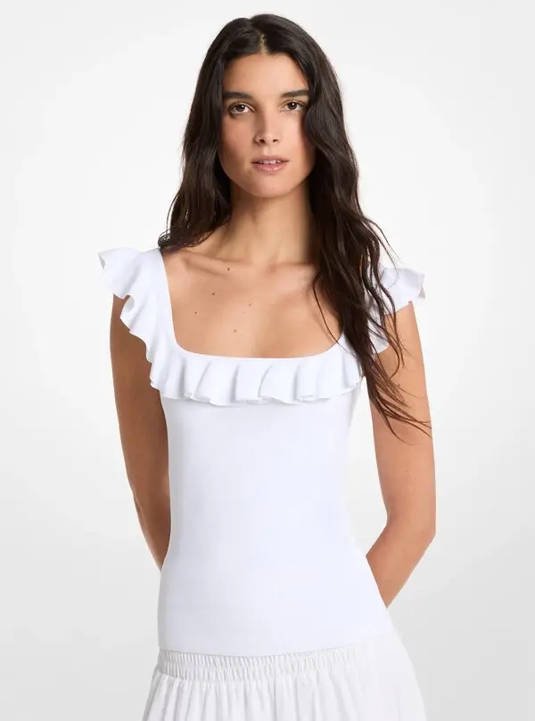 Michael Kors Ruffled Stretch Viscose Tank Top - White