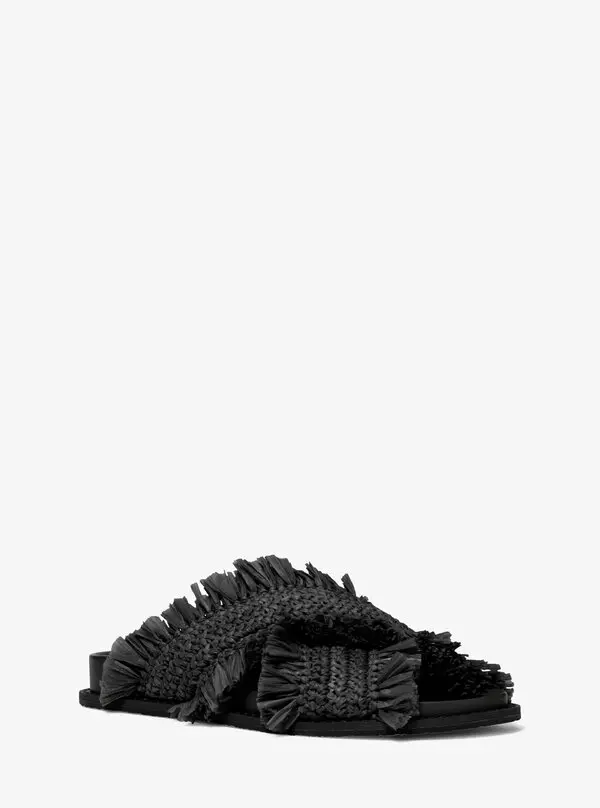 Michael Kors Peyton Raffia Slide Sandals With Fringe Detailing - Black