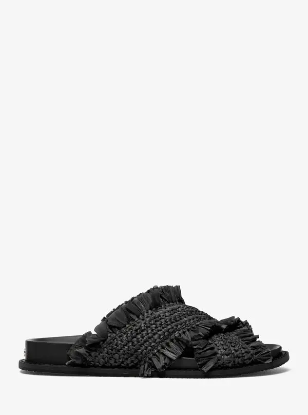 Michael Kors Peyton Raffia Slide Sandals With Fringe Detailing - Black