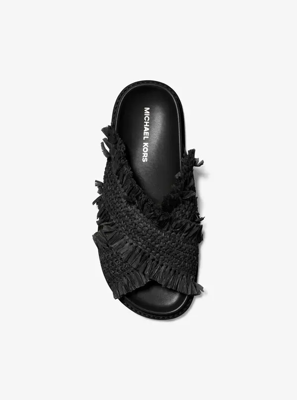 Michael Kors Peyton Raffia Slide Sandals With Fringe Detailing - Black