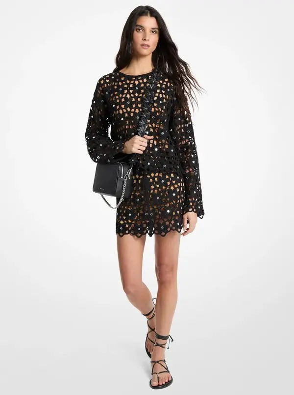 Michael Kors Floral Crochet Mini Skirt With Mirror Embellishments - Black