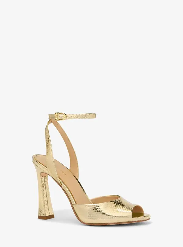 Michael Kors Rosie Metallic Snake Embossed Leather High Heel Sandals - Gold