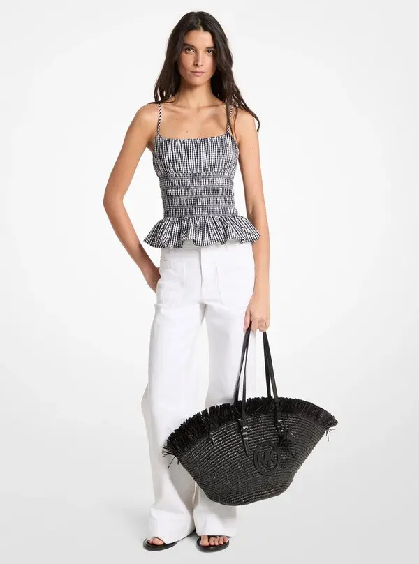 Michael Kors Gingham Cotton Smocked Top - Black