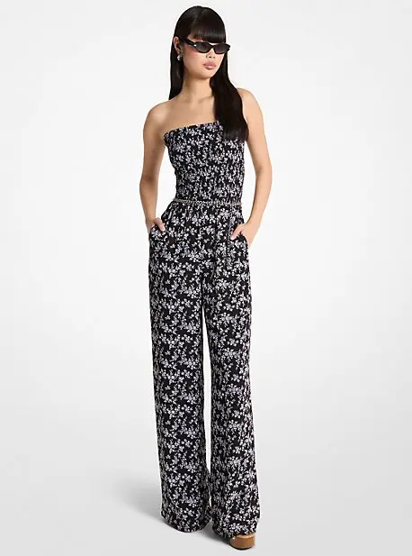 Michael Kors Floral Print Smocked Georgette Belted Jumpsuit - Black