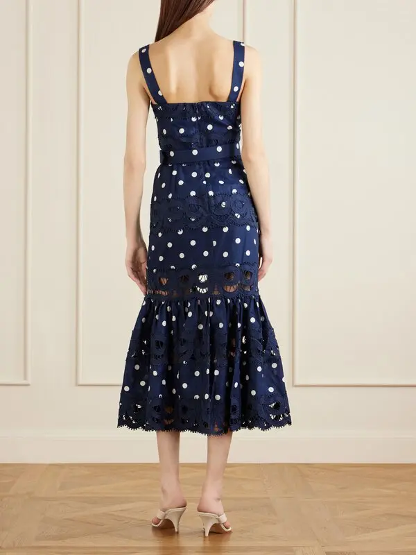 SELF-PORTRAIT Belted Polka-dot Linen And Cotton-blend Midi Dress - Blue
