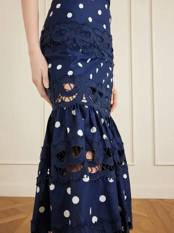 SELF-PORTRAIT Belted Polka-dot Linen And Cotton-blend Midi Dress - Blue
