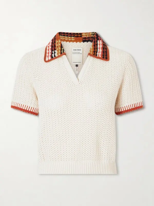 Escvdo Lauri Crocheted Cotton Polo Shirt - Neutrals