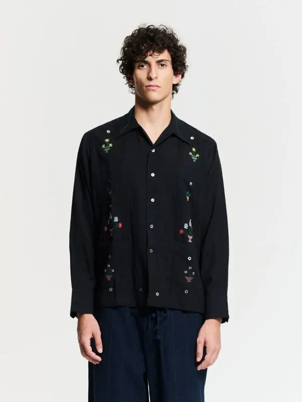 BAZISZT Navy Byrsa Embroidered Shirt
