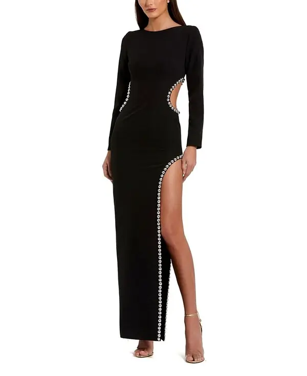 Mac Duggal Crepe Gown With Beaded Cutouts And Slit