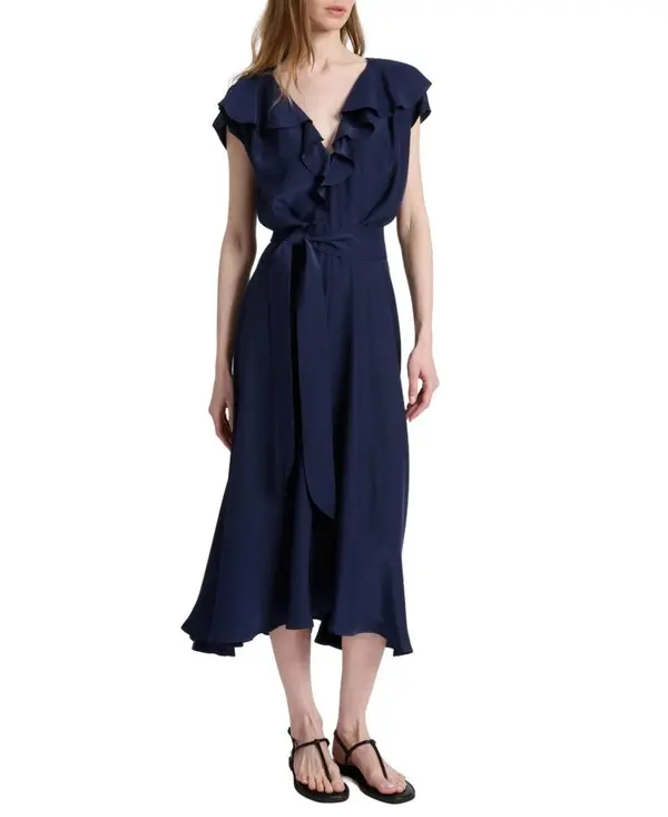 Santorelli Mandy Ruffled Faux Wrap Silk Midi Dress